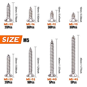 Rustark 150Pcs M5 [10-45mm] 304 Stainless Steel Flat Head Phillips Cross Wood Screw Self Tapping Drilling Screws Assortment Kit