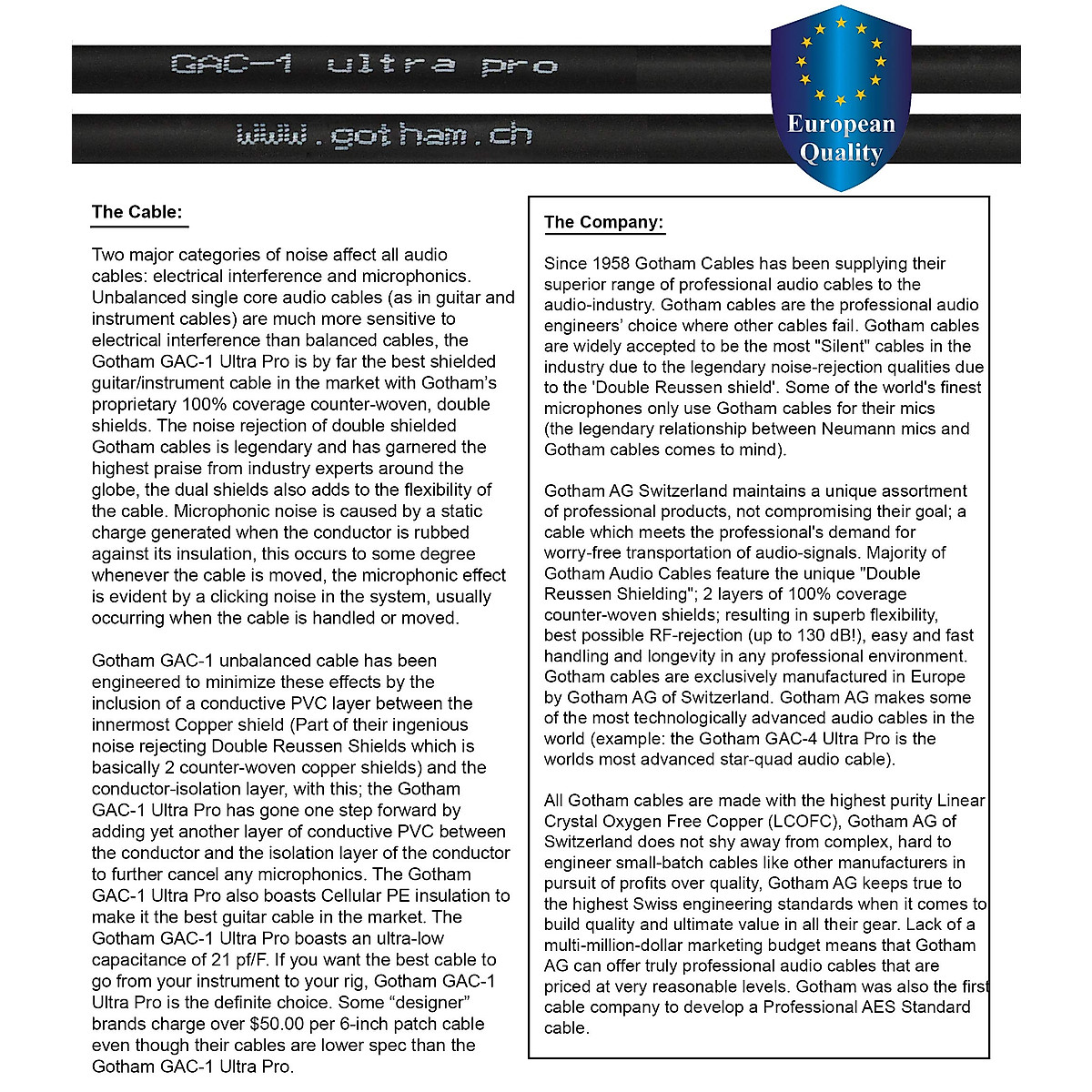 15 Foot - Gotham GAC-1 Ultra Pro (Black) - Premium, Low-Capacitance (21 pf/F) Guitar Bass Instrument Cable - Amphenol QM2R-AU & QM2P-AU ¼ Inch (6.35mm) Gold TS Connectors