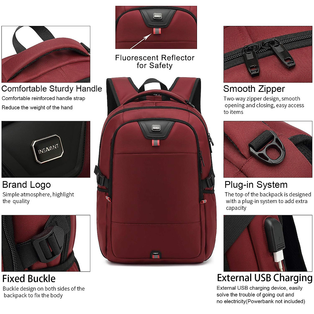INSAVANT Laptop Backpack 15.6 Inch Water Resistant Backpacks Durable College Travel Daypack Anti Theft with USB Charging Port Best Gift for Men Women (15.6 Inch, Red)