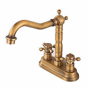 Chiczam Bathroom Faucet 4 Centerset 2 Handles Antique Brass Cross Knobs Basin Mixer Tap Three Holes Kitchen Lavatory Vanity Sink Faucet Deck Mounted