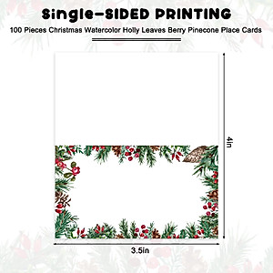 Whaline 100Pcs Christmas Place Cards 2 x 3.5 Inch Holly Berry with Pine Branch Cone Tented Cards Seating Cards for Xmas Wedding Bridal Shower Birthday Party Table Setting