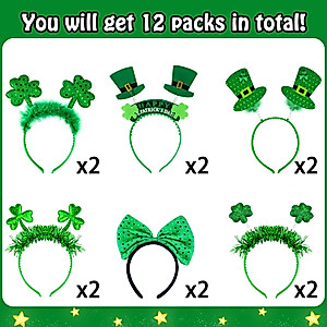 PARTYWIND 12 PCS St Patrick’s Day Headband, Glitter Saint Patricks Day Accessories Headbands for Women Kids with Shamrock/Hat/Bow, Irish Costume for Party Supplies