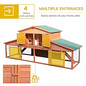 PawHut 89" L Outdoor Rabbit Hutch, Guinea Pig Cage Indoor Outdoor Wooden Bunny Hutch with Double Runs, Weatherproof Roof, Removable Tray, Ramps, Natural