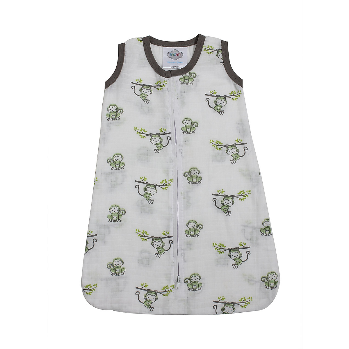 Bacati - Muslin Happy Monkeys Sleeping Bag (Wearable Blankets) (Newborn, Green/Gray)