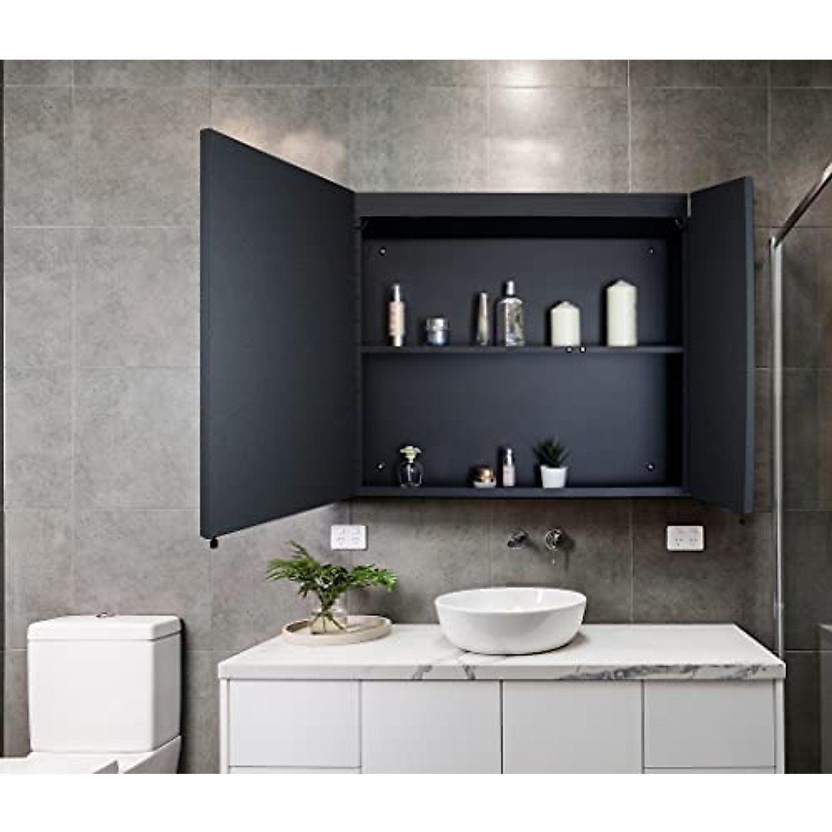 JimsMaison 30x26 inch Silver LED Mirror Bathroom Medicine Cabinet with Double Doors, Space Iron Mirror Storage Cabinet with Defog Function, Dimmable Lights Brightness, Surface or Wall-Black Inner