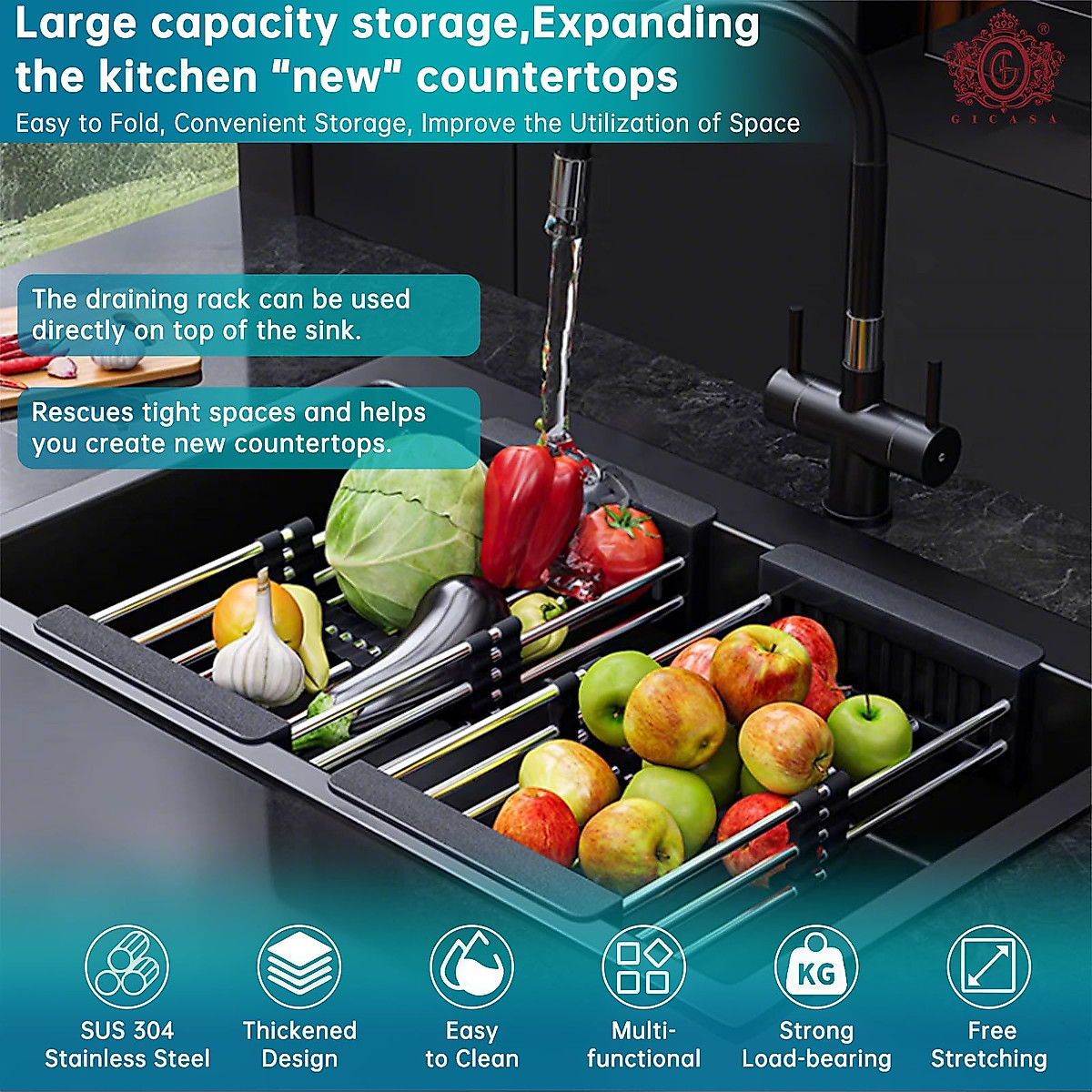 GICASA Adjustable Stainless Steel Drainer Basket Drain Tray for Dish Vegetable Fruit, On Counter Dish Rack or in Sink Over Sink Kitchen Basket Dish Drying Rack
