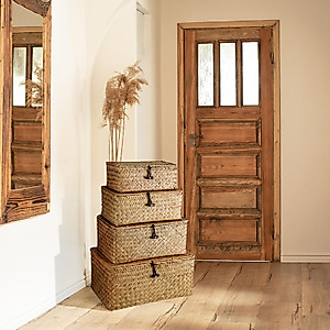 Woanger Set of 4 Wicker Storage Baskets Organizer，Handwoven Storage Bins with Lid for Organizing, Home Utility Box for Home Office Supplies Multipurpose Container(Orange)