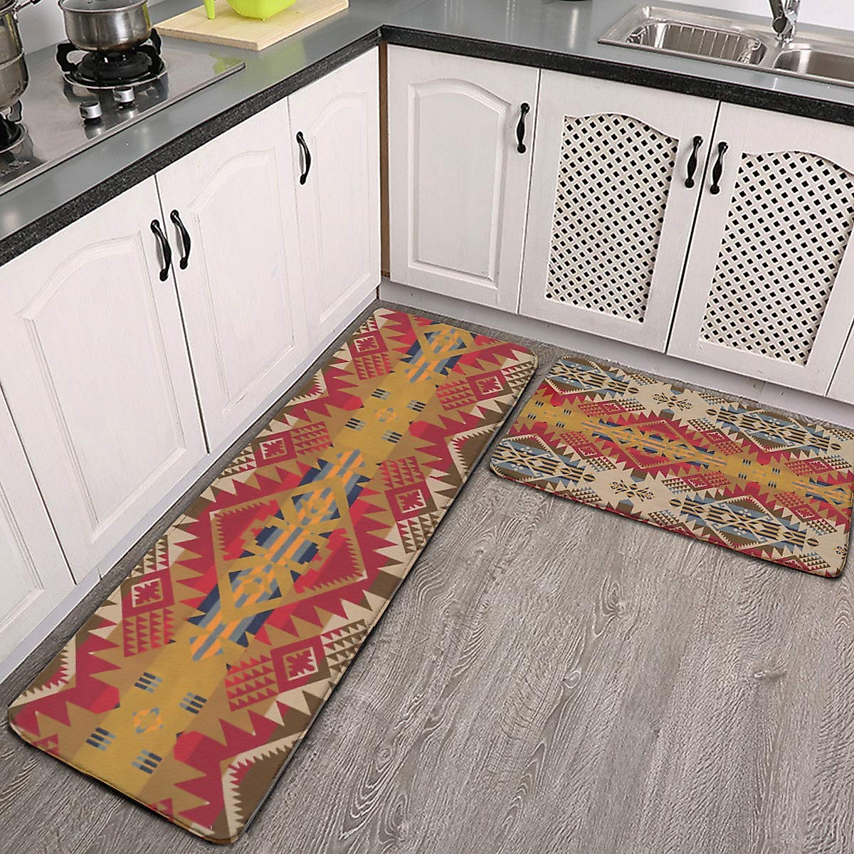 Midetoy Kitchen Rugs and Mats Set Tribal Native American Ethnic Anti Fatigue Kitchen Rug Non Slip Floor Rugs Indoor Outdoor 17.7"x59"+17.7"x29"