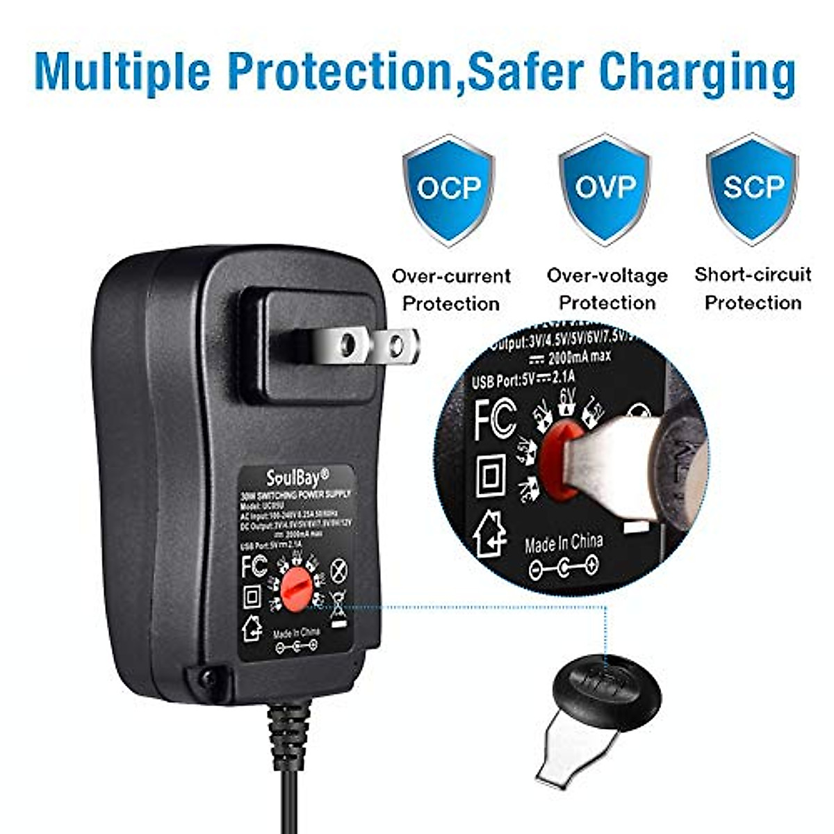 [Upgraded Version] SoulBay 30W Universal AC/DC Adapter Switching Power Supply with 8 Selectable Adapter Tips, Including Micro USB Plug, for 3V to 12V Household Electronics and LED Strip - 2000mA Max