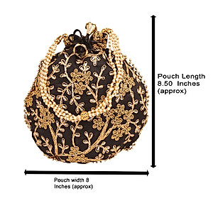 Touchstone NEW Traditional Indian Hand Embroidered Floral Faux Pearls Strings Shopping Gifts Jewelry Wedding Sweet Distribution Drawstring Fancy Black Bag Purse Pouch For Women.