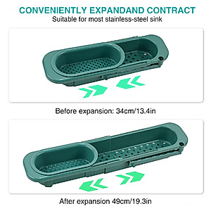 NiHome Telescopic Sink Caddy Adjustable Sponge Holder for Kitchen Sink Expandable Storage Drain Basket Sink Organizer Holder Dish Cloth Hanger for Home Kitchen (Green)