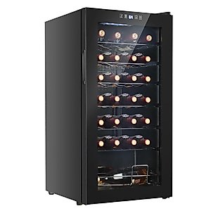 LEADZM 28 Bottle Freestanding Wine Fridge, Compressor Wine Cooler Refrigerator, Mini Wine Cellar for Red, White Wine and Champagne with Digital Temperature Control & Double-layered Glass Door