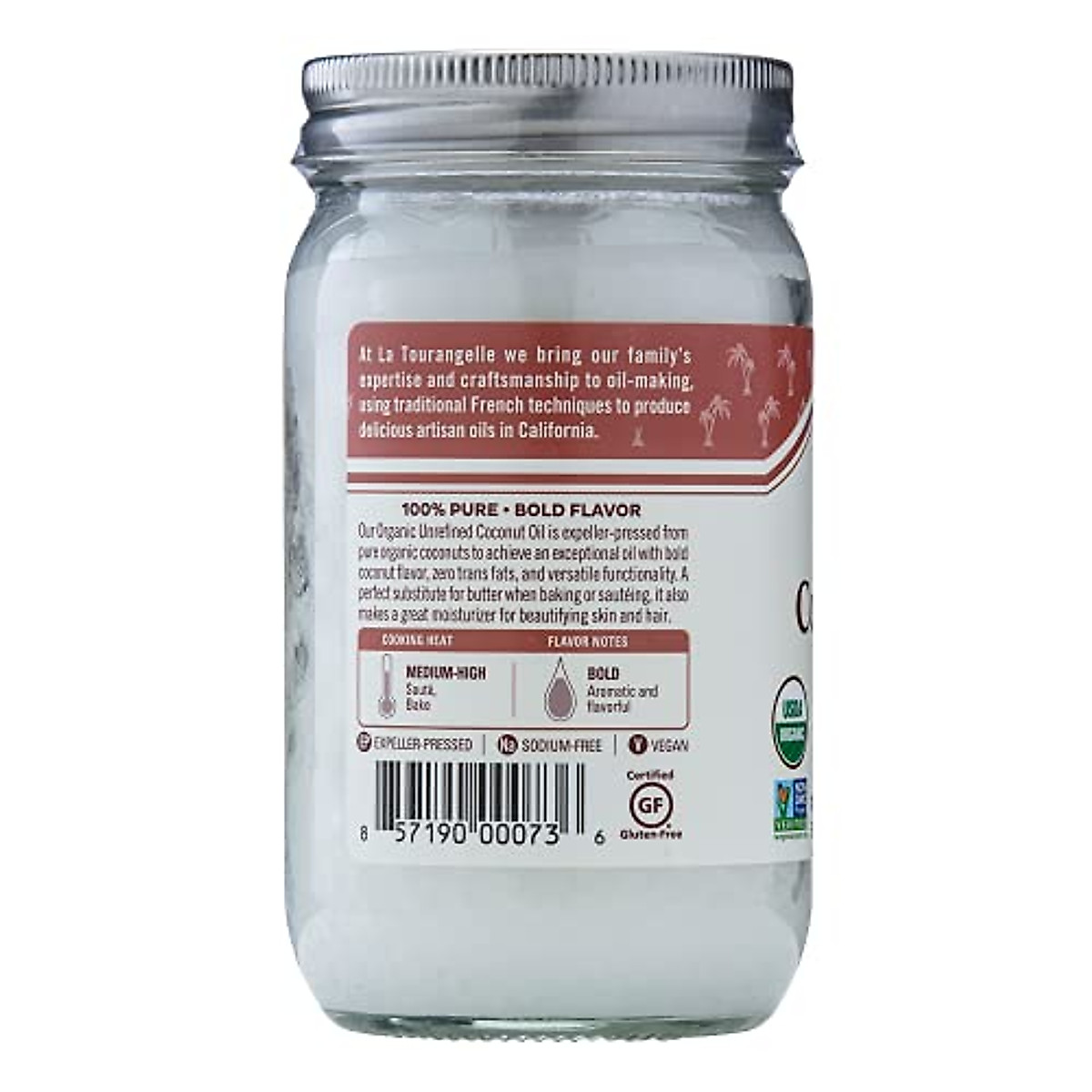 La Tourangelle, Organic Virgin Unrefined Coconut Oil, Great for Cooking, Baking, Hair, and Skin Care, Bold, Aromatic, and Flavorful, Source of MCTs, 14 fl oz (Packaging May Vary)