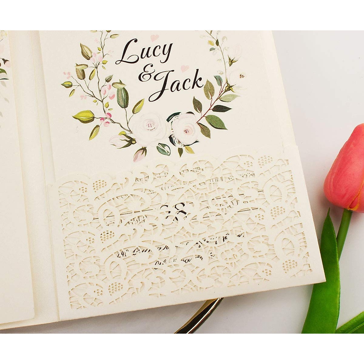 25 sets Vinatge Pearl Ivory Tri Fold Wedding Invitations Cards With Envelopes Inserts for Bridal Shower Birthday 5X7