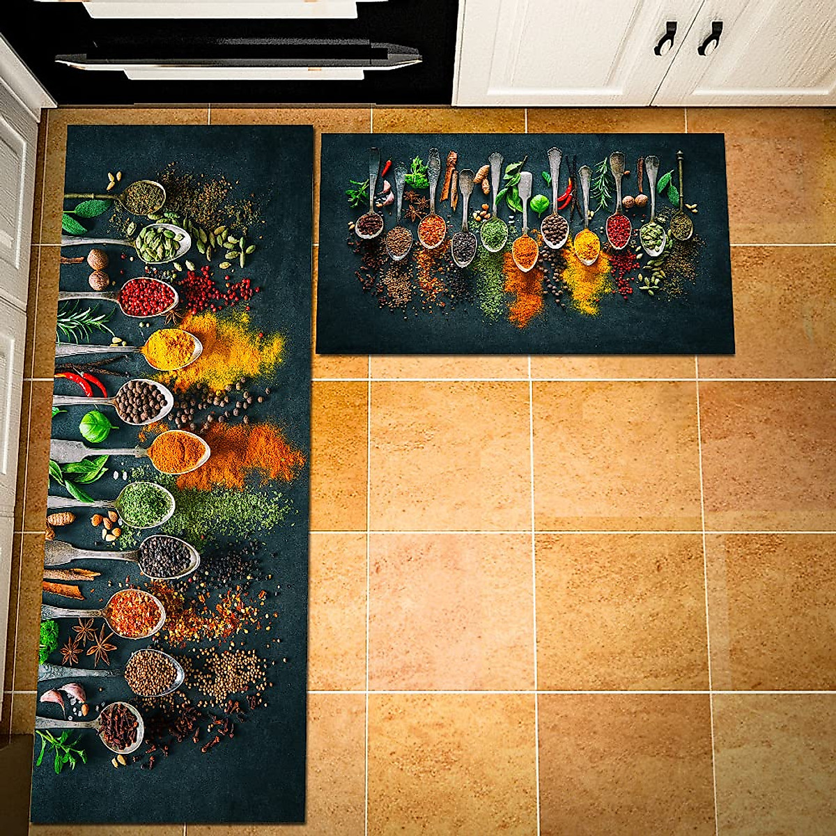 GUBIYU Cooking Herbs Spices Kitchen Rugs Kitchen Mat Bath Rug Floor Door Mats Non Slip Doormat Soft Runner Carpet Home Decor Chili Pepper Decorations Mats for Kitchen Floor 17.7X29.5+17.7X59 Inches