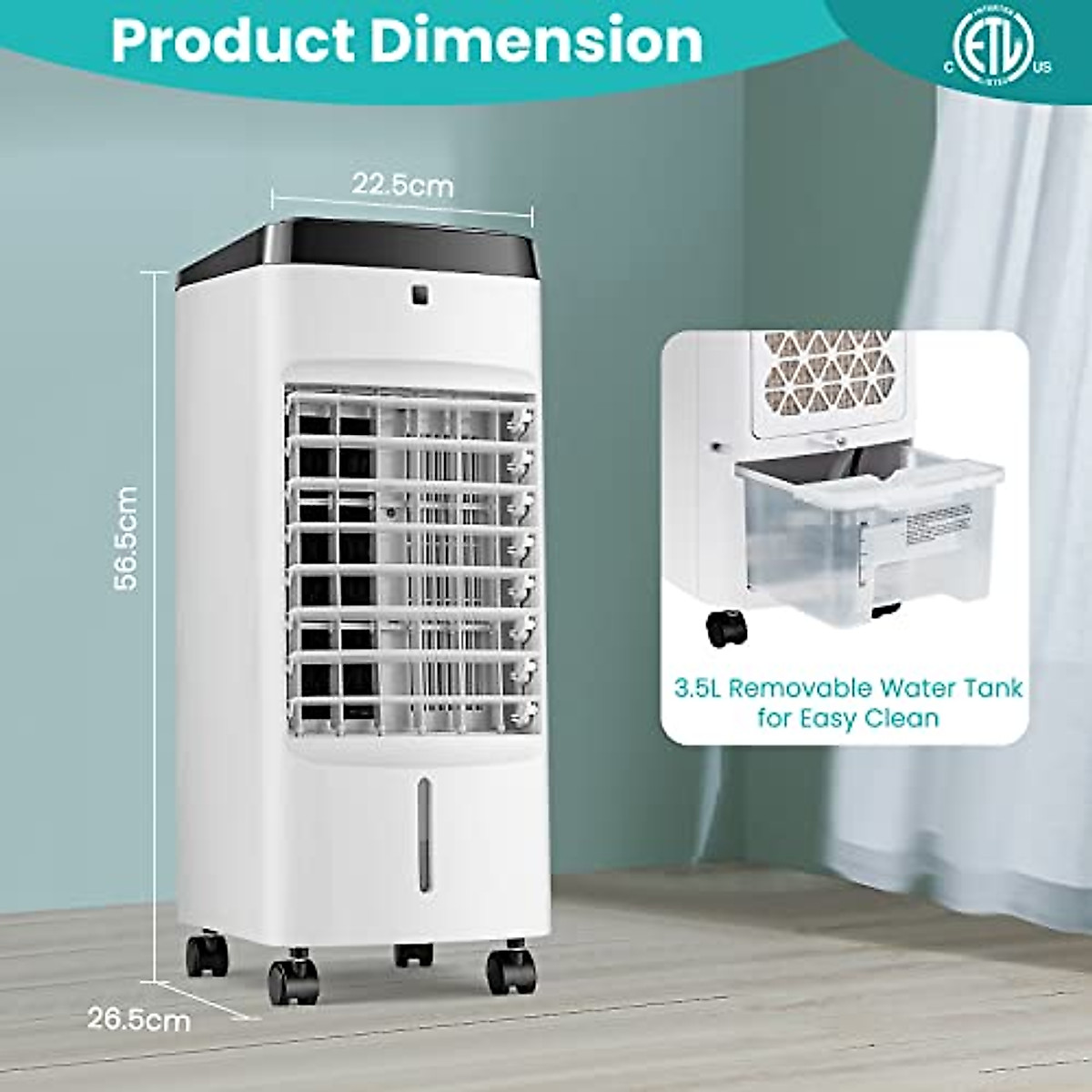 LDAILY 3-in-1 Evaporative Air Cooler, Wide Oscillating Air Cooler w/ 4 Modes, 3 Speeds, 2-12H Timer, Remote Control & 2 Ice Packs, 3.5L Water Tank, Air Cooler for Room Home Office
