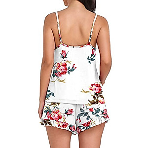 POPYOUNG Ruffled Camisoles Pajamas for Women's Sexy Sleepwear Soft Lingerie Cami Shorts Set Nightwear S,Floral White
