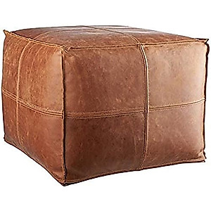 LEATHEROOZE Stuffed Square Pouf, Footstool, Upholstered in Brown Leather, for The Living Room, Bedroom and Kids Room, Transitional, Modern 14x16x16inches