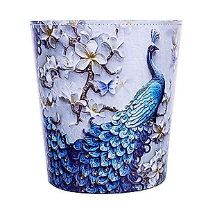 ALiquid Leather Trash Can, 2.64 Gallon PU Leather Garbage Bin for Home Cafe and Barber Shop, Waterproof Wastebasket with Pattern - Blue Peacock