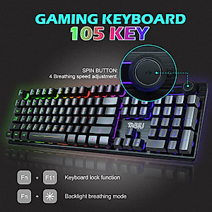 TNBIU Gaming Keyboard, 105-Key Wired Membrane Keyboard, Rainbow LED Backlit Keyboard, Floating Keycap Design, Aluminum Alloy Panel, Stylish Appearance Design, Suitable for Desktop, Computer, PC