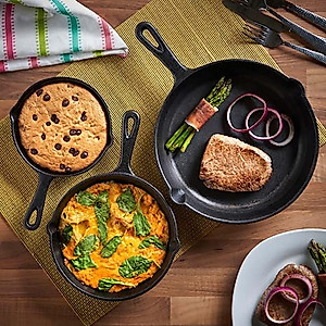 Jim Beam Su Set of 3 Pre-Seasoned Cast Iron Skillet Set | Heavy-Duty Construction for Superior Heat Retention & Even Cooking,6 1/4,7 3/4,9 3/4 , Black
