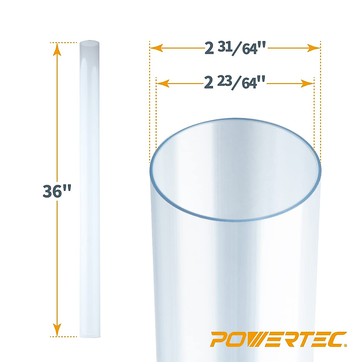 POWERTEC 70176V Clear PVC Pipe 2-1/2" x 36" Long, 1PK, Rigid Plastic Tubing for Dust Collection Hose & Fittings