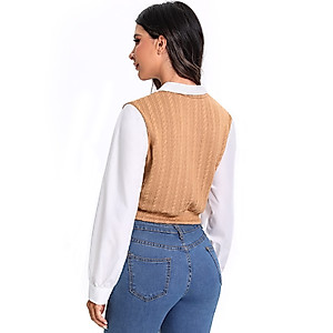 SweatyRocks Women's Collar Long Sleeve Shirt Ribbed Knit 2 in 1 Blouse Crop Top Sweater Shirt Top Cemel L