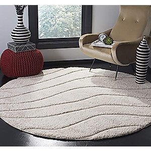 SAFAVIEH Florida Shag Collection 6'7" Round Cream/Grey SG472 Abstract Wave Non-Shedding Living Room Bedroom Dining Room Entryway Plush 1.2-inch Thick Area Rug