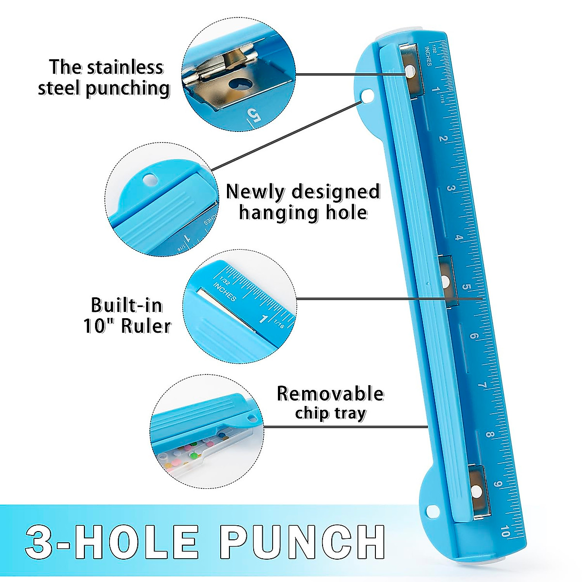 WorkLion Hole Puncher 3 Ring – Blue Portable Metal Hole Punch Single for Binder, 5 Sheet Capacity
