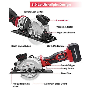 PowerSmart 20V 4-1/2 Inch Cordless Mini Circular Saw Includes 4.0Ah Battery and Charger, Saw Blades for Wood, Soft Metal and Tile Cutting