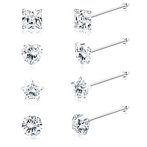 Sllaiss 8Pcs 22G Sterling Silver Nose Rings Studs Tiny 3mm Assorted Shapes CZ Inlaid Nose Body Piercing Jewelry