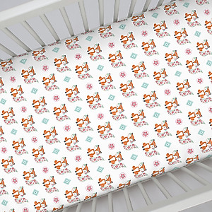 NoJo Aztec Mix & Match 100% Cotton Teal Floral Fox Fitted Crib Sheet, Pink, Orange, Aqua, White