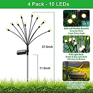 Solar Garden Lights - 4 Pack 10 LED Solar Powered Firefly Lights Solar Outdoor Waterproof New Upgraded Swaying Outdoor Garden Lights for Landscape Pathway Patio Yard Walkway Decorations | Warm White