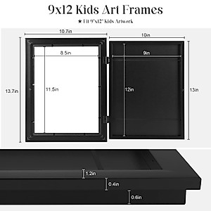 [2Pack] Kids Art Frames, 9x12 Front Opening Kids Artwork Frames Changeable, Black Artwork Display Storage Frame for Wall, Holds 50 Pcs, for 3D Picture, Crafts, Children Drawing, Hanging Art, Portfolio