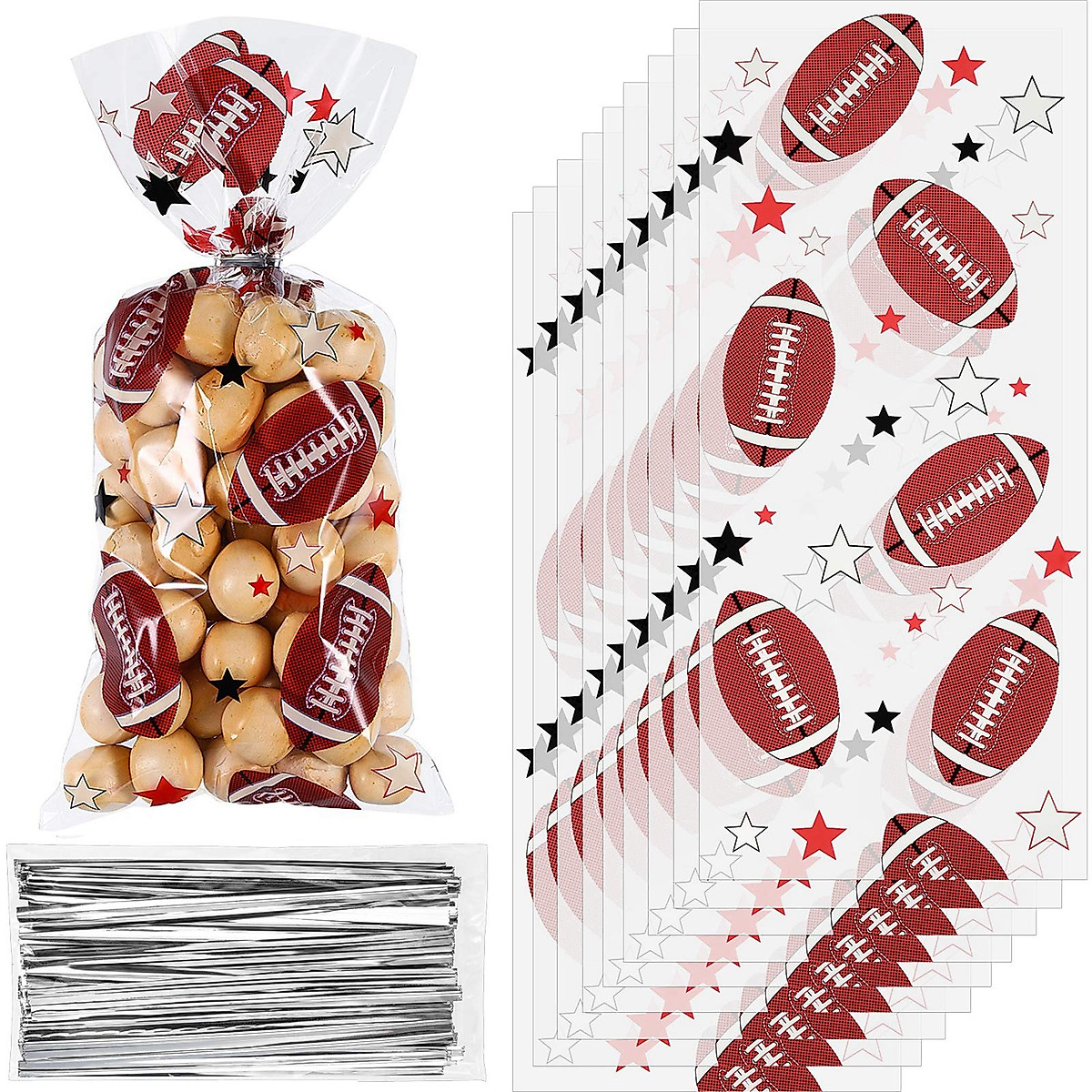 Blulu 100 Pieces Football Treat Bags Football Candy Favor Bags Heat Sealable Football Cellophane Bags Football Party Goody Bags with 100 Pieces Silver Twist Ties for Football Party Favors