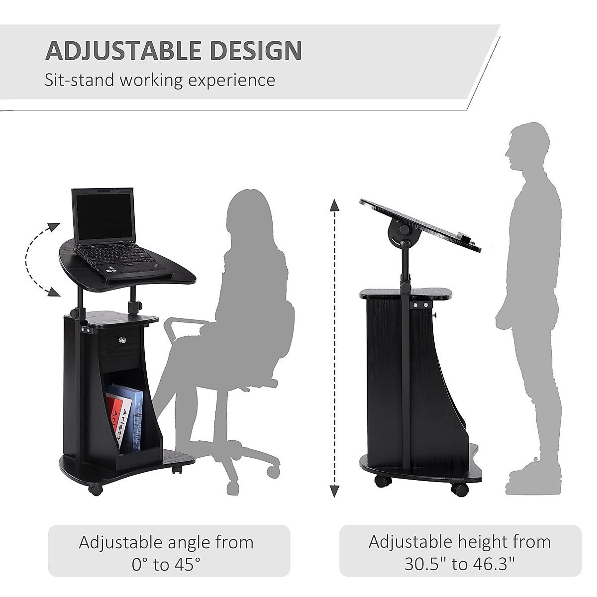 HOMCOM Adjustable Height Laptop Cart with Storage - Black