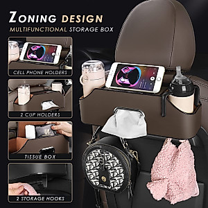 Back of Car Seat Organizer, Trunk Organizer for Car with 2 Drink Cup Holder, Cell Phone Holders, Hooks and Tissue Box, Vehicle Multifunctional Storage Box for Kids and Adults Travel (Brown)