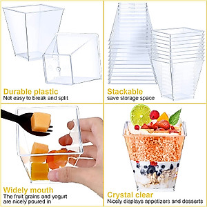 Pvieked 120 Pack 7 Oz Square Plastic Cups with Spoons, Appetizer Cups Clear Plastic Dessert Cups Small Tumbler Cups Disposable for Ice Cream, Fruit Puddings, Desserts, Wedding Party Catering Supplies