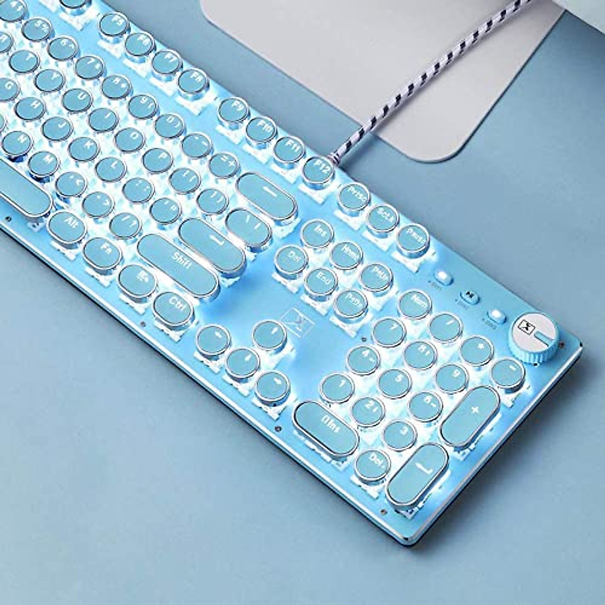 Basaltech Blue Mechanical Gaming Keyboard, Retro Steampunk Vintage Typewriter-Style Keyboard with LED Backlit, 104-Key Anti-Ghosting Blue Switch Wired USB Metal Panel Round Keycaps (Blue-SK)