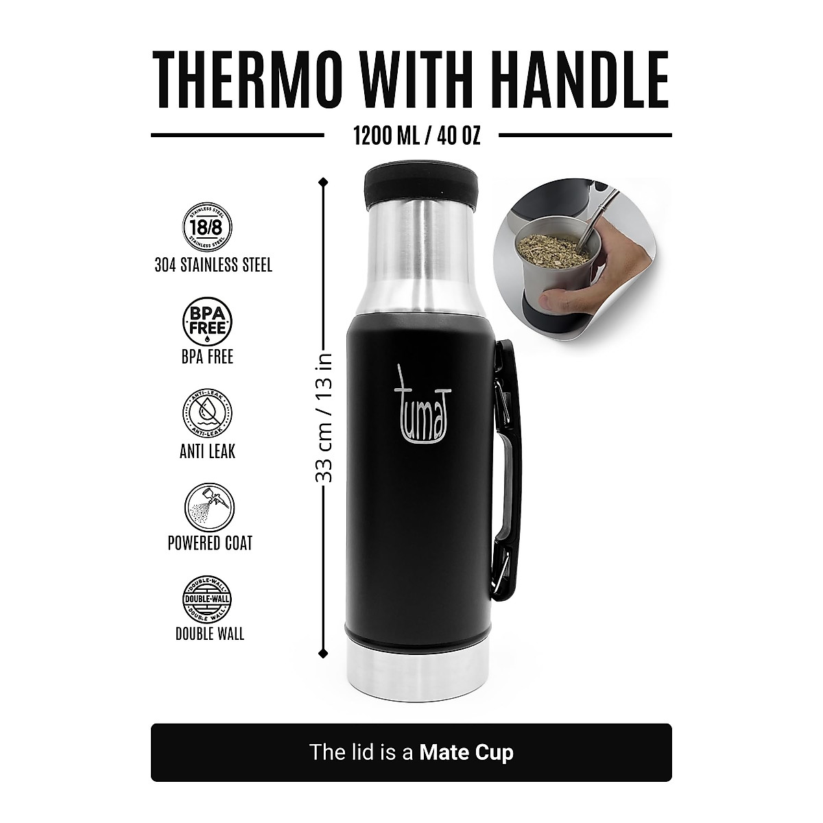 Complete Yerba Mate Kit - 1.2L Thermos With Mate System, Cup, Clip Spout, Straw (Bombilla), and FREE Backpack - Premium Stainless Steel Set To Go