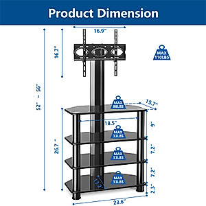 Rfiver Swivel TV Stand with Mount for 32"-70" Flat Screen, Slim Corner Entertainment Floor TV Mount with 4-Tier Tempered Glass Media Shelves, Height Adjustable and Cable Management