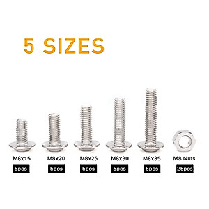 binifiMux 50pcs M8-1.25 x 15mm/ 20mm/ 25mm/ 30mm/ 35mm Flanged Hex Button Head Socket Cap Screws, 304 Stainless Steel / 18-8, Plain Finish, Full Thread