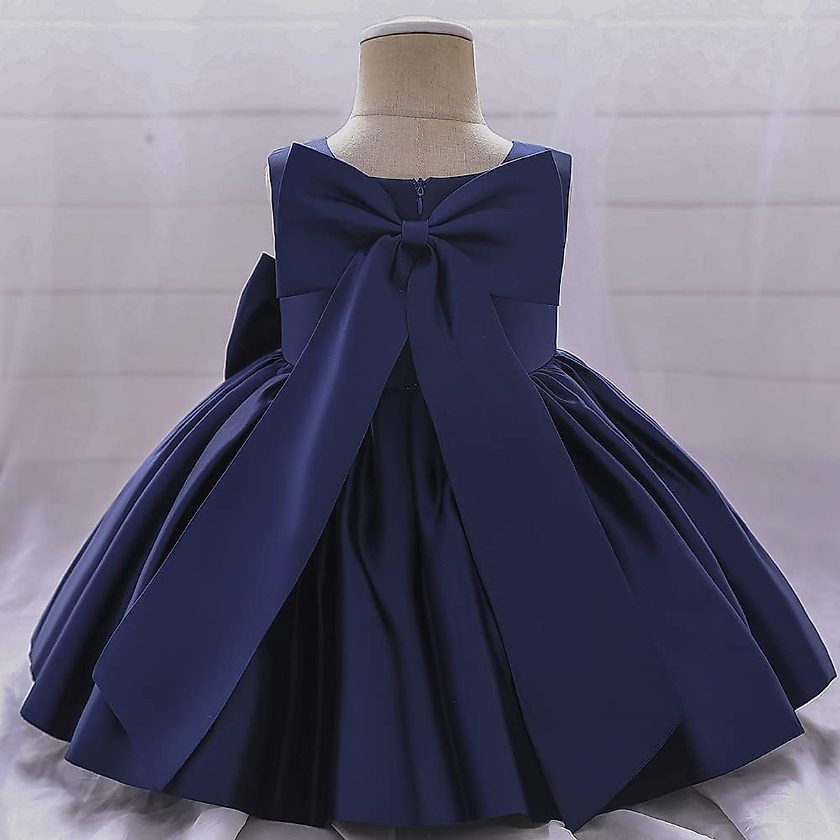 Mubineo Infant Baby Girl Satin Formal Dress Bowknot Princess Birthday Pageant Dress (Navy, 12-18 Months)