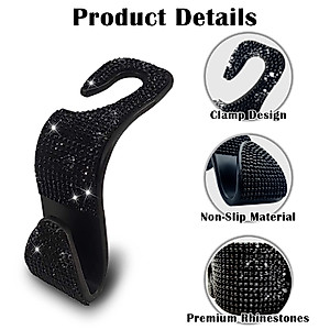 OSIFIT 2PCS Car Seat Hooks - Bling Rhinestone Headrest Hooks with Universal Design - Perfect for Holding Handbags, Clothes, Purses, and Water Bottles - Black