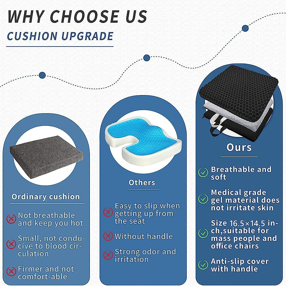 2 Pieces Black Gel Seat Cushion for Office Chair Car, Double Thick Cooling Egg Seat Cushion, Breathable Honeycomb, for Pressure Relief Back Tailbone Pain Wheelchair Desk Chair