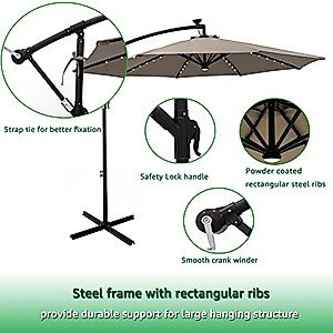 Helios&Hestia 10 ft Solar Powered Offset Cantilever Patio Umbrella Outdoor with LED Lights and Cross Base, Taupe