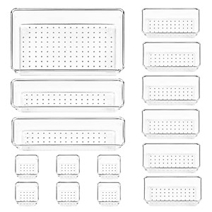 Vtopmart 15 PCS Clear Plastic Drawer Organizers Set, 4-Size Versatile Bathroom and Vanity Drawer Organizer Trays, Storage Bins for Makeup, Bedroom, Kitchen Gadgets Utensils and Office