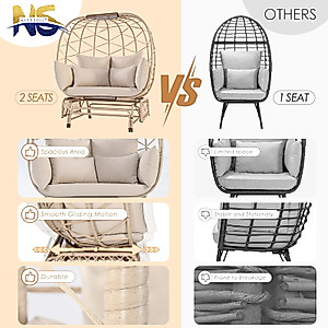 NICESOUL® Double Wicker Rocking Egg Chair, Oversized Egg Basket Lounge Chair for 2 Persons, Patio Gliding Egg Chair with Legs Thick Cushions 500 Lbs Large Loveseat for Indoor Outdoor Beige with Cover