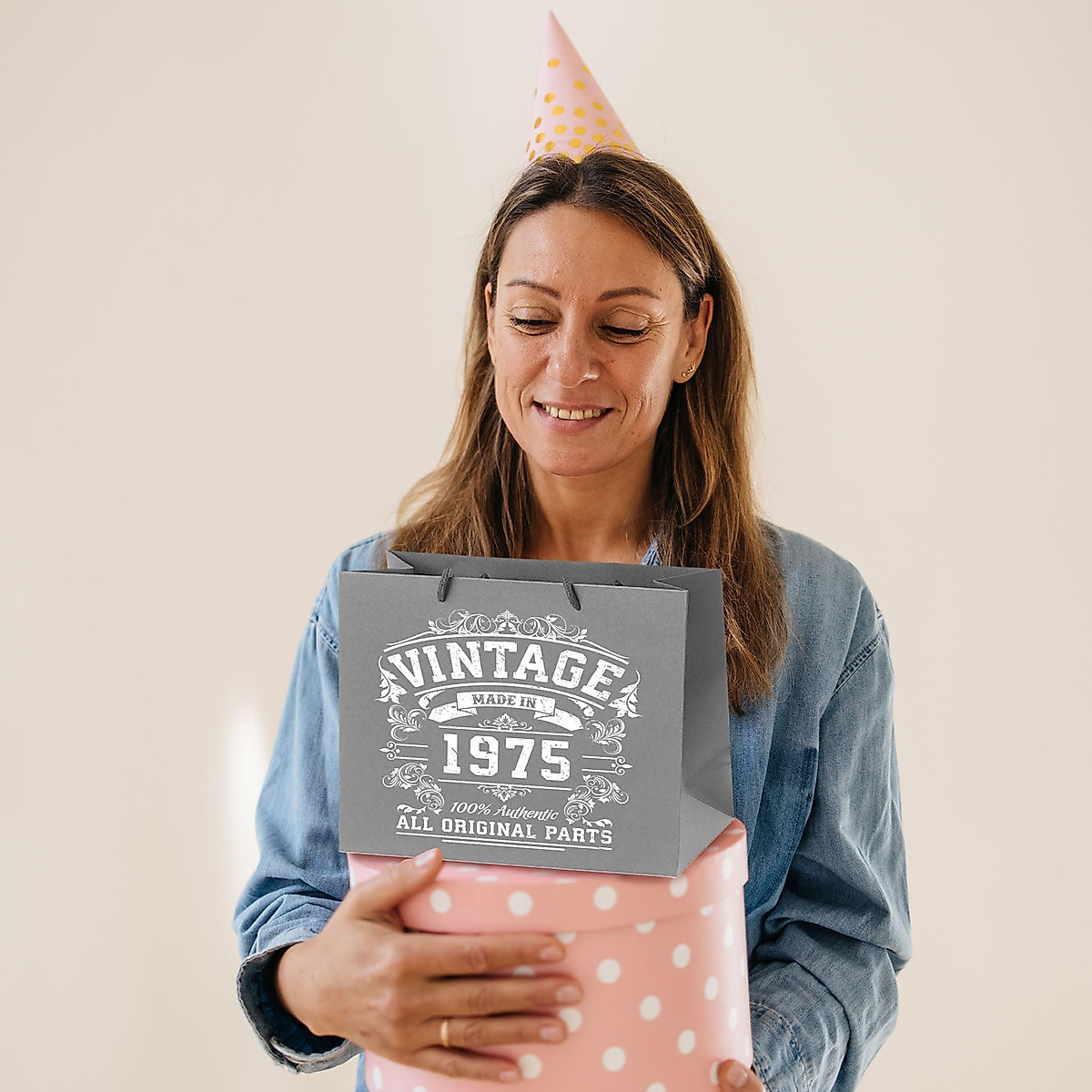 50th Birthday Gift Bags - Grey Paper with Rope Handles - Recycled Eco Friendly Gift Bag - Original Parts 1973 - Medium