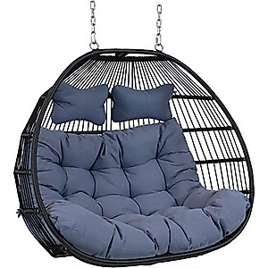 Sunnydaze Liza Loveseat Egg Chair with Cushions - Comfy Bohemian-Style Decorative Outdoor Living Collapsible Chair - Gray Polyester Cushions with Black Wicker Rattan Frame - 43 Inches Tall